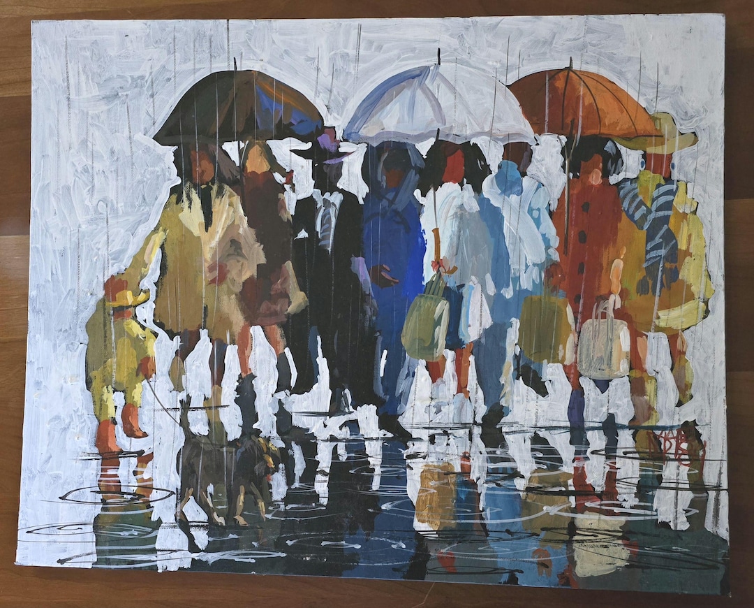 Danny Mayes ORIGINAL ARTWORK People With Umbrellas Painting, Circa 1989 ...