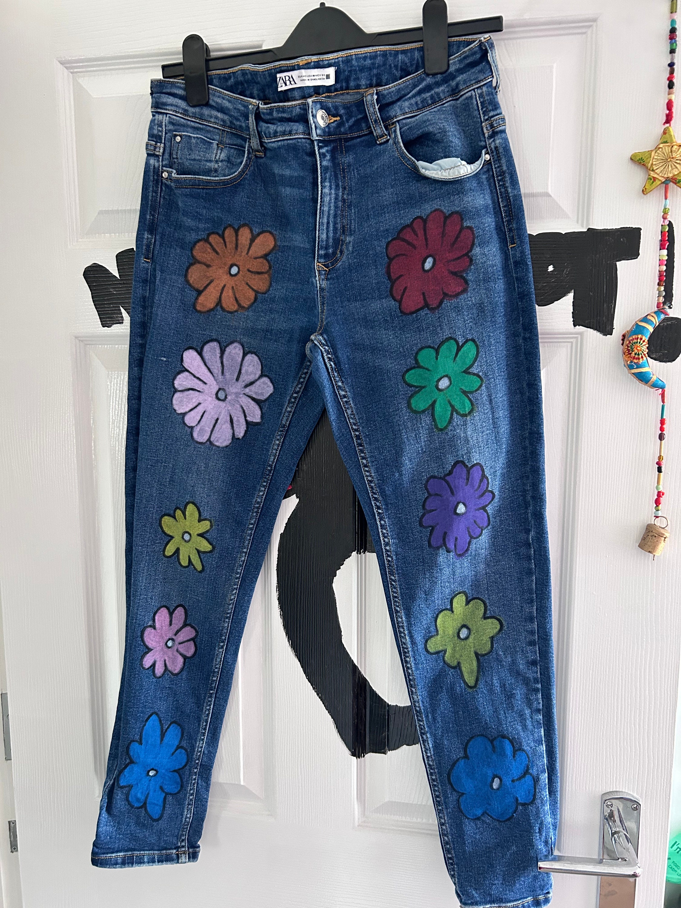 Custom Painted Floral Jeans Multicoloured - Etsy