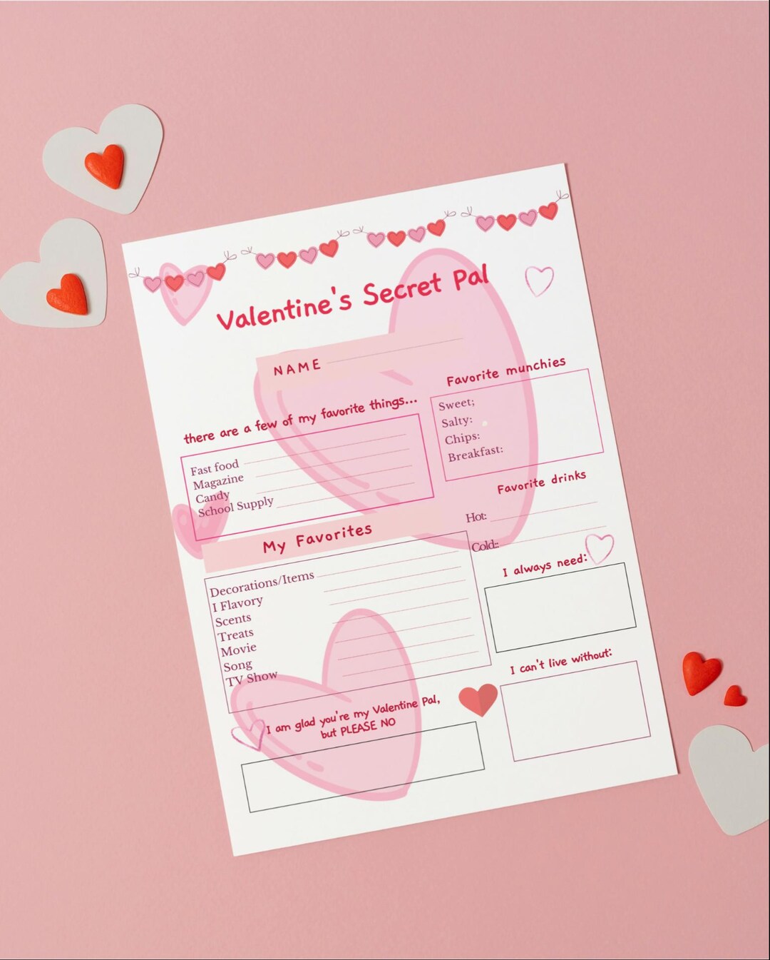 Valentine’s Secret Pal Questionnaire, Printable Digital File, Fun ...