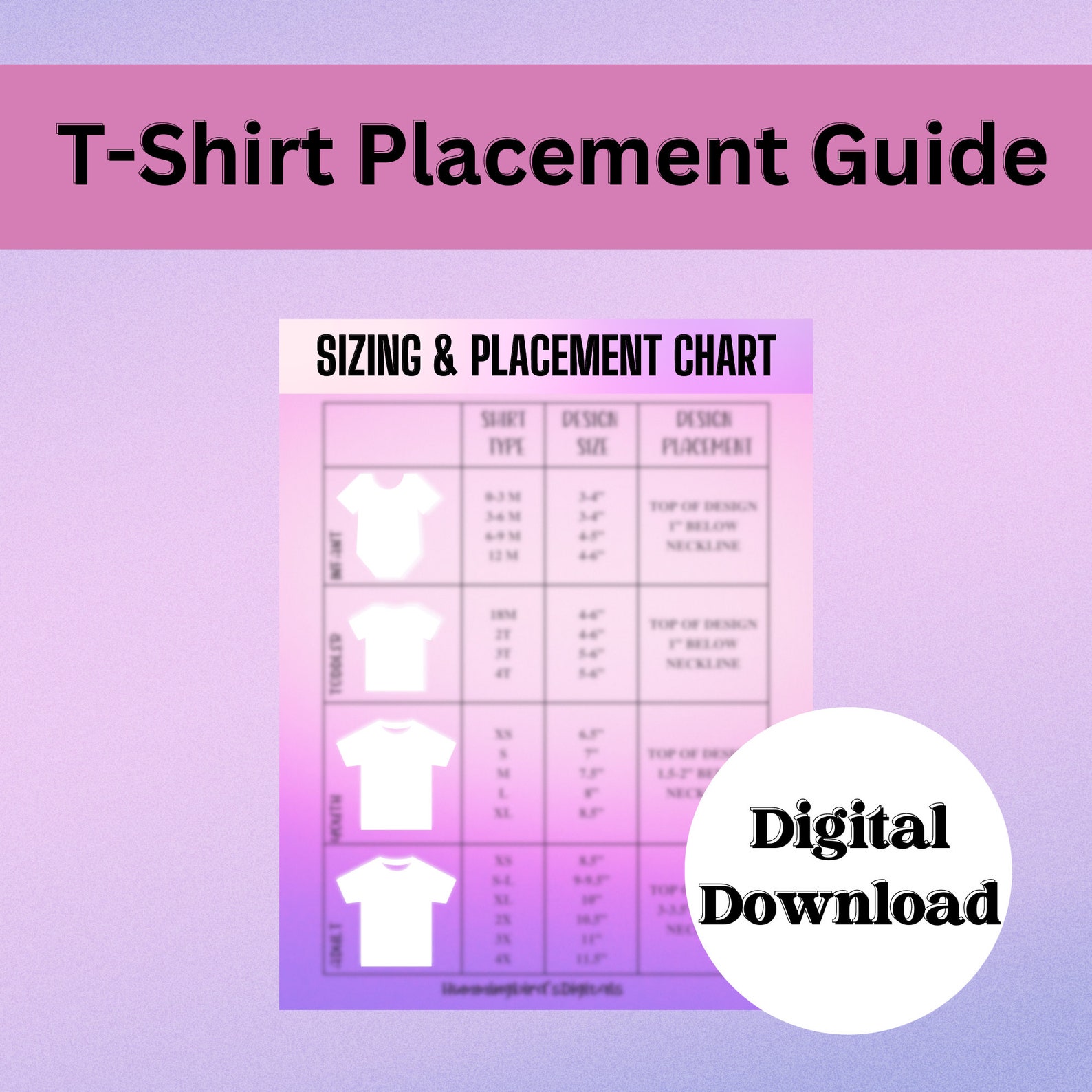 T-shirt Sizing Placement Guide, Printable Chart (PNG, PDF) - Etsy