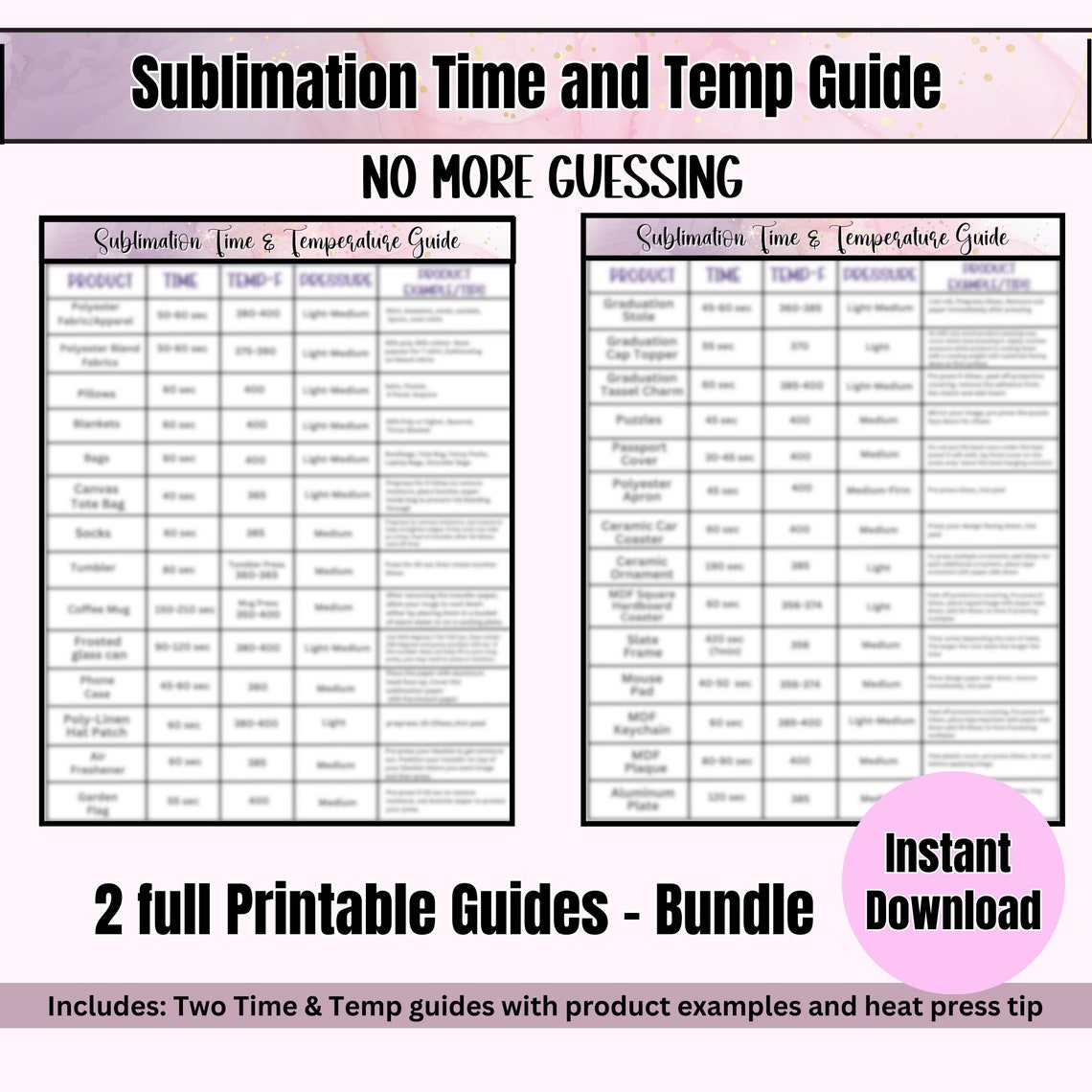 Sublimation Time and Temperature Guide, Digital Download, Instant ...