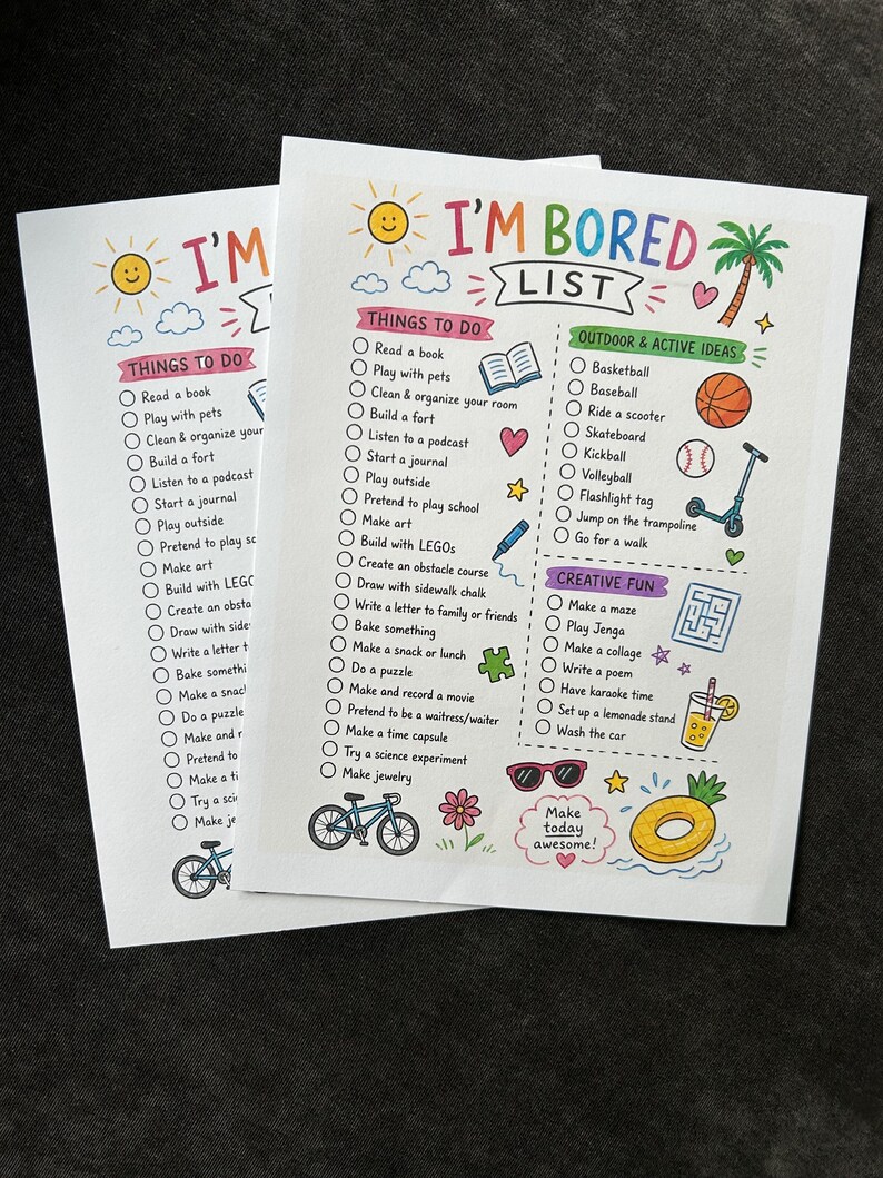 I’m Bored List Printable for Kids PDF | Summer Activity Checklist ...