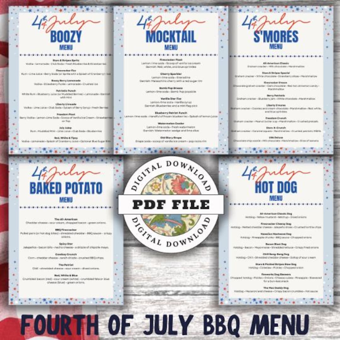 4th of July BBQ Menu Bundle Printable, Patriotic Party Menu Set, Boozy ...