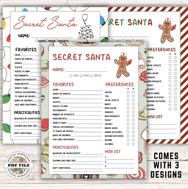 Secret Santa Questionnaire Printable | Holiday Gift Exchange Form ...