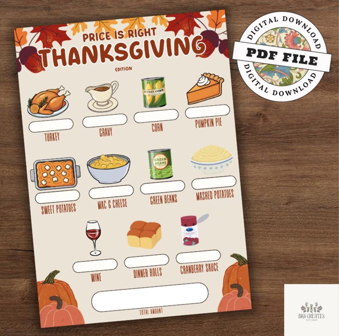 Thanksgiving Price is Right Game, Printable Thanksgiving Party Game ...