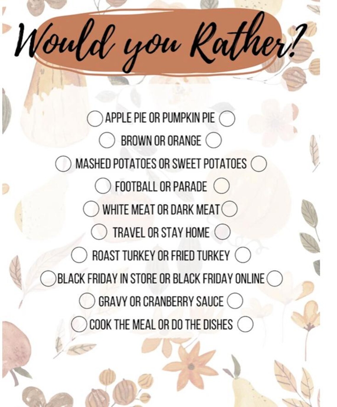 Would You Rather Thanksgiving Printable PDF! Perfect for the Family or ...