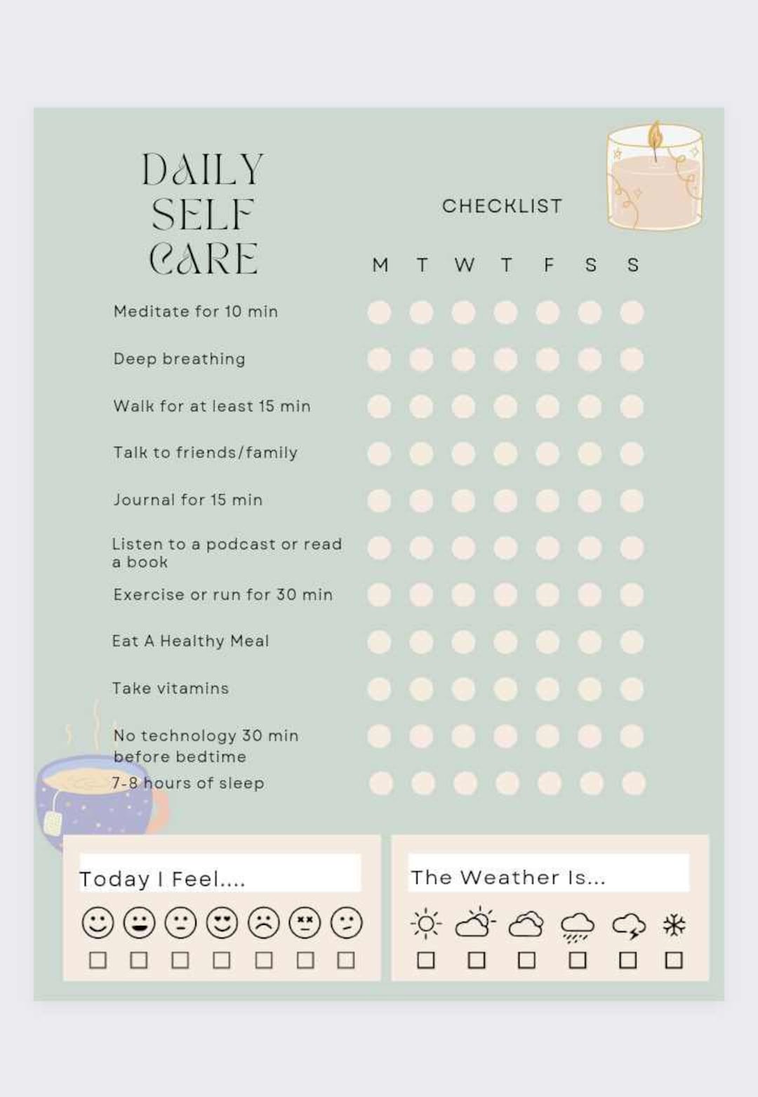 Digital and Printable Daily Self Care Checklist - Etsy