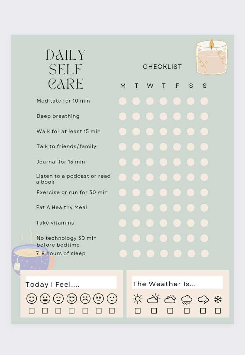 Digital and Printable Daily Self Care Checklist - Etsy