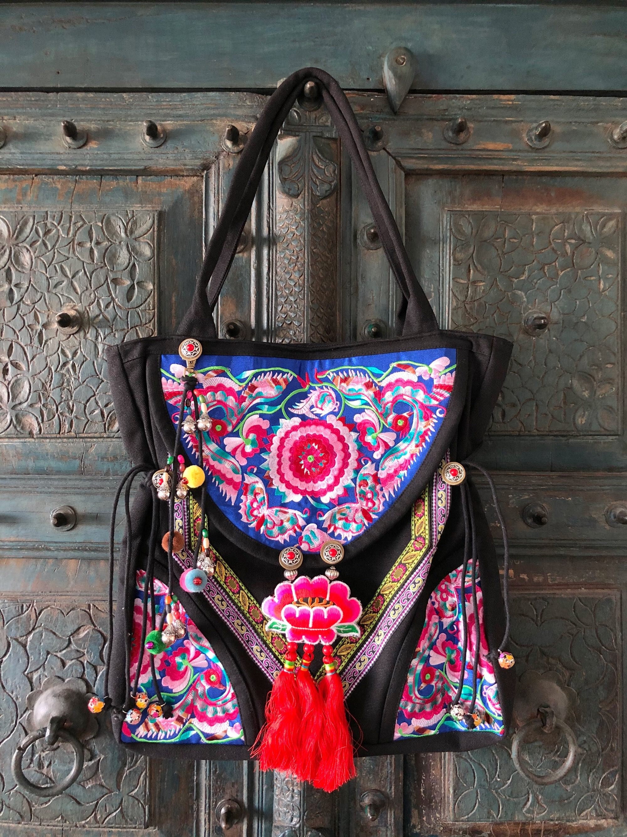 Large Embroidered Boho Tote, Hmong Lotus Flower Bag, Pom Pom Hippie Bag ...
