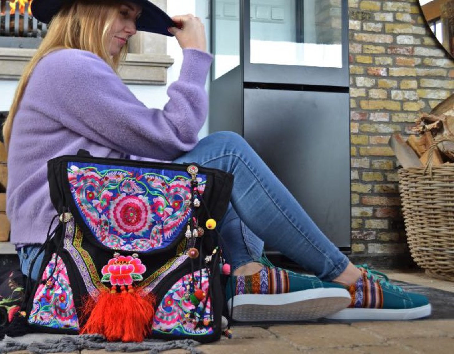 Large Embroidered Boho Tote, Hmong Lotus Flower Bag, Pom Pom Hippie Bag ...