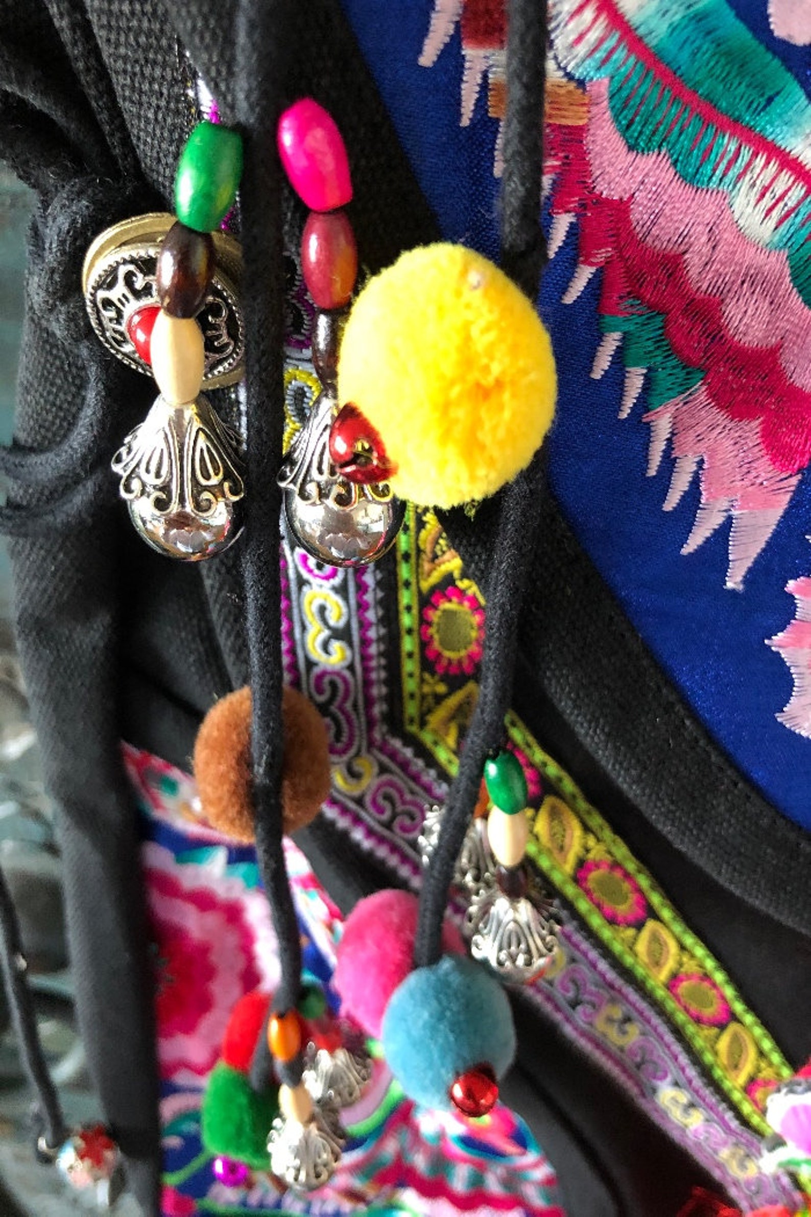 Large Embroidered Boho Tote, Hmong Lotus Flower Bag, Pom Pom Hippie Bag ...