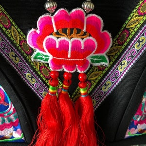 Large Embroidered Boho Tote, Hmong Lotus Flower Bag, Pom Pom Hippie Bag ...