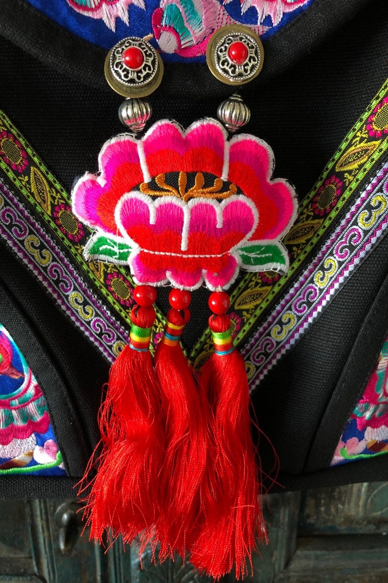 Large Embroidered Boho Tote, Hmong Lotus Flower Bag, Pom Pom Hippie Bag ...