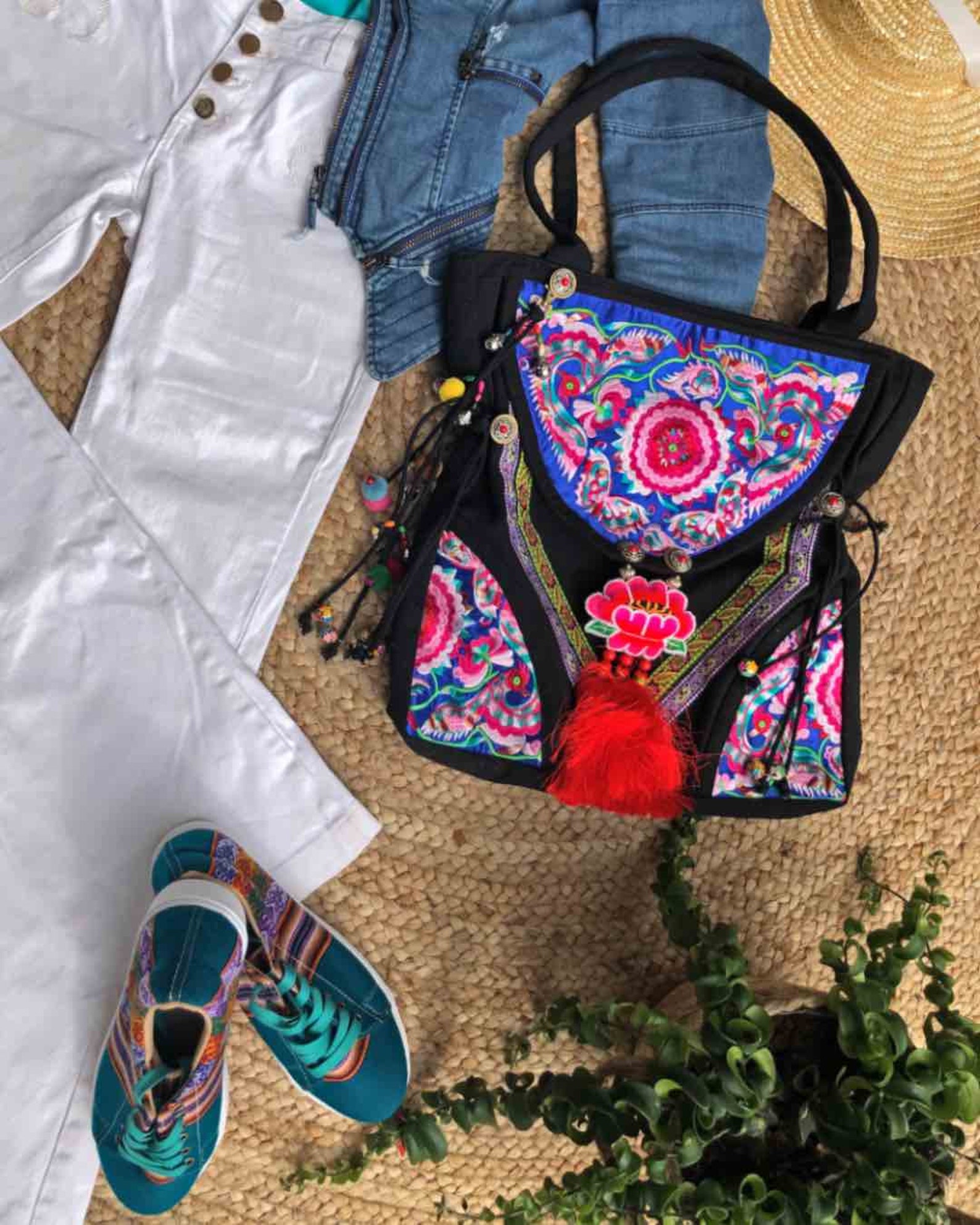 Large Embroidered Boho Tote, Hmong Lotus Flower Bag, Pom Pom Hippie Bag ...
