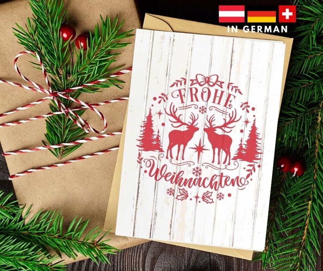 German Christmas Card Reindeer Frohe Weihnachten Rustic Holiday ...