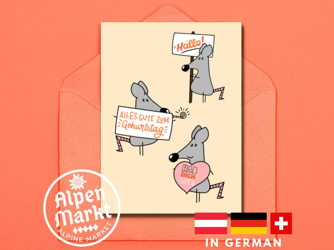German Birthday Card With Cute Mouse Holding "geburtstag" Greeting ...