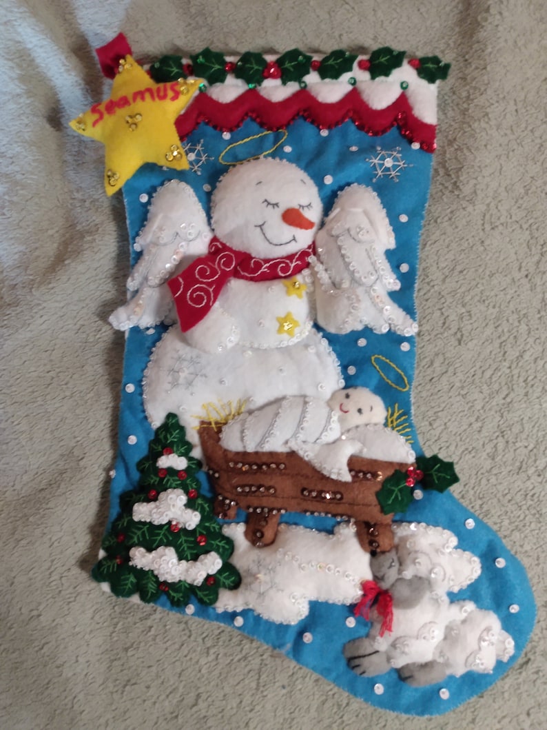 RARE Christmas Bucilla Felt Stocking Finished - Snowman Angel - Etsy