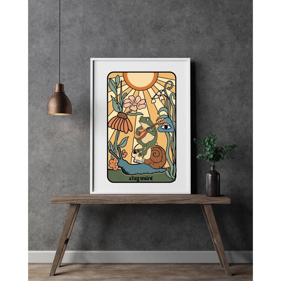 Whimsical Frog Poster Stay Weird Wall Art, Boho Frog Playing Guitar ...