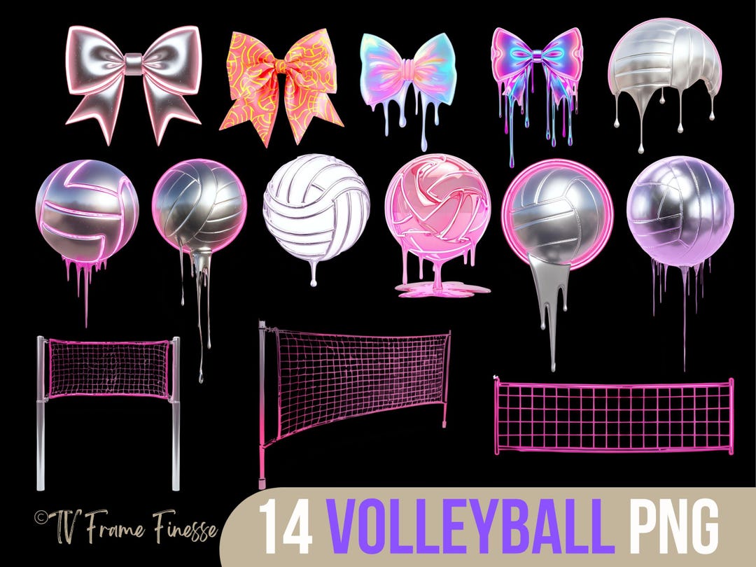 Neon Volleyball PNG Printable Bundle: Silver and Pink Ball Drip ...