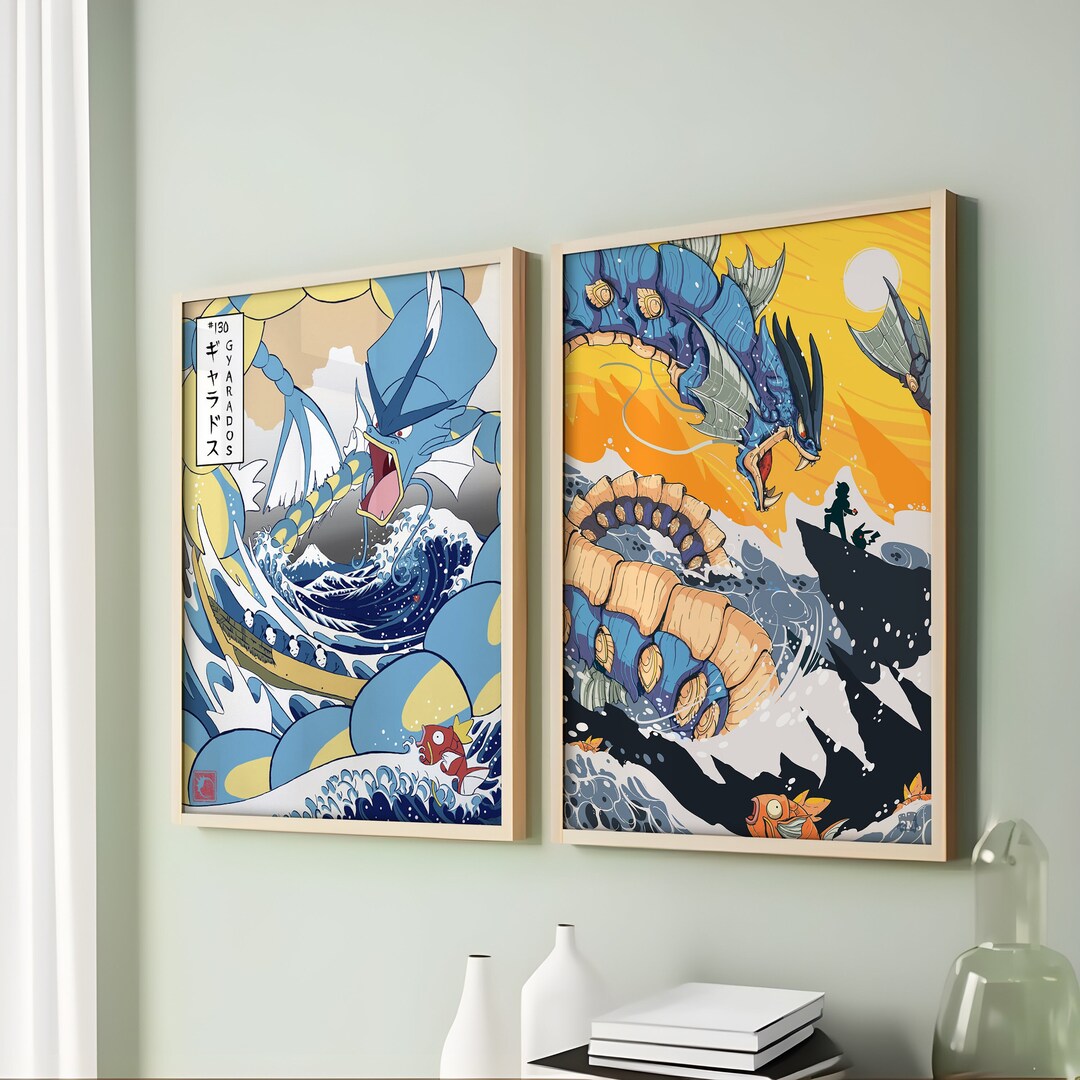 Pokemon Poster Gyarados Framed Set of 2 Wall Art Great Wave - Etsy