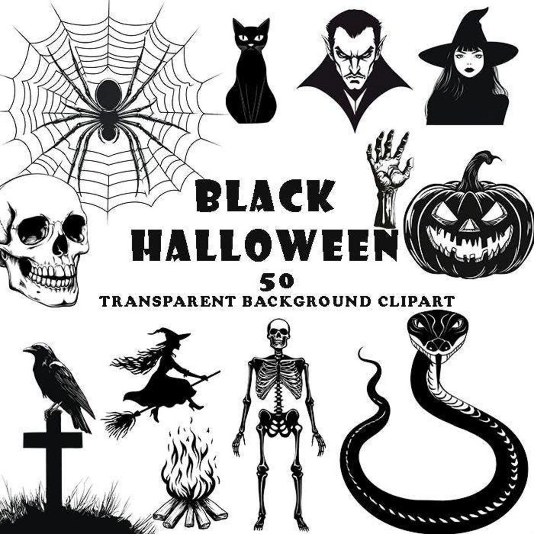 Halloween Clipart Bundle Set: 50 Graphics Black White PNG, Halloween ...