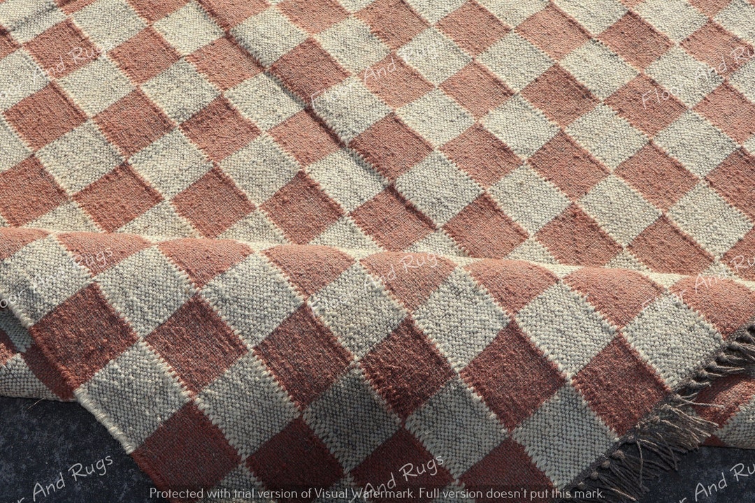 Checkered Wool Kilim Area Rug , Jute Area Rug, Checkered Runner Large ...