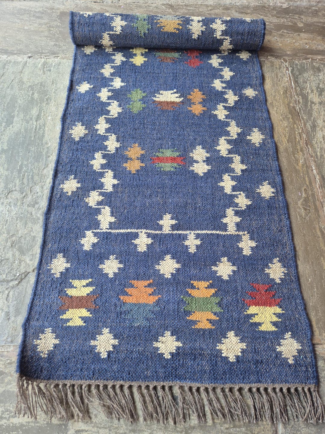 Handmade Wool Jute Runner Rug, 2x8 Blue Runner Rug, Custom Tapestry ...