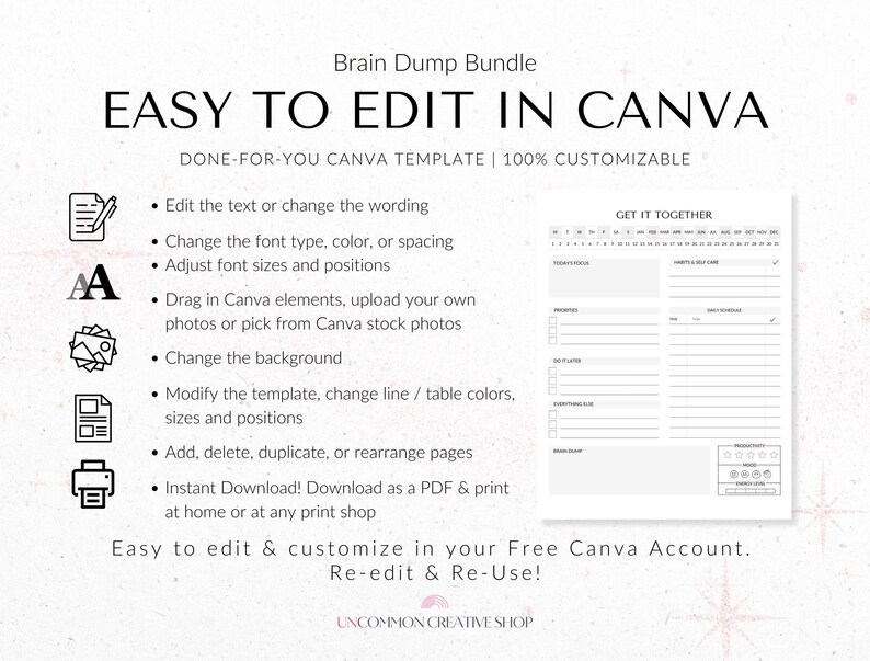 Printable Brain Dump Bundle, Editable Brain Dump Template, Minimalist ...
