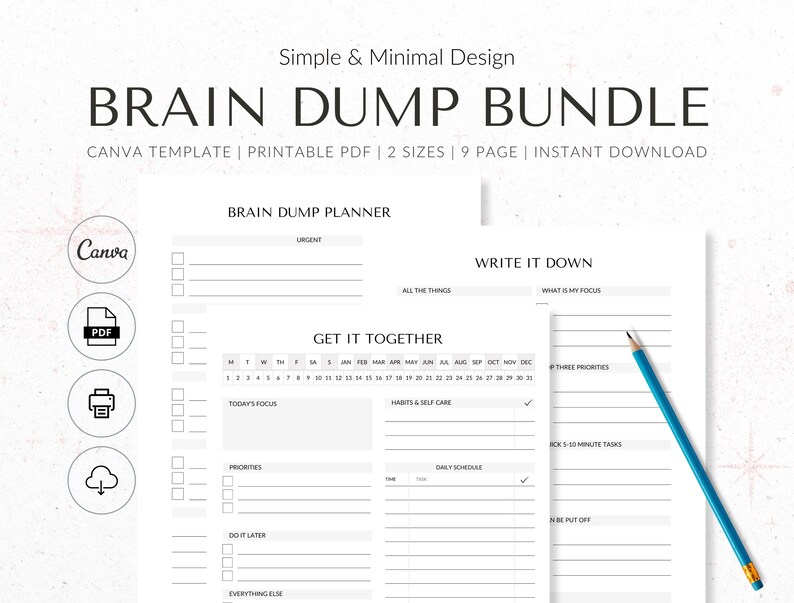 Printable Brain Dump Bundle, Editable Brain Dump Template, Minimalist ...