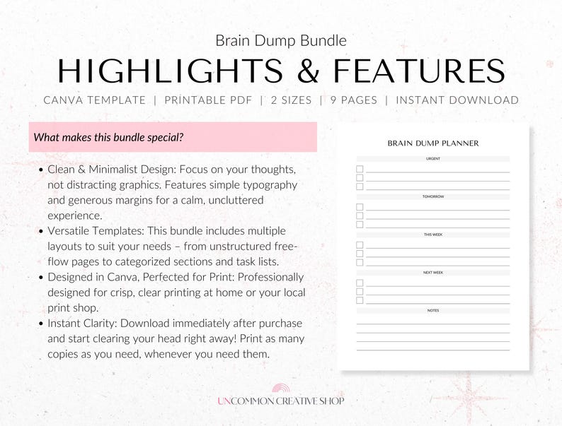 Printable Brain Dump Bundle, Editable Brain Dump Template, Minimalist ...