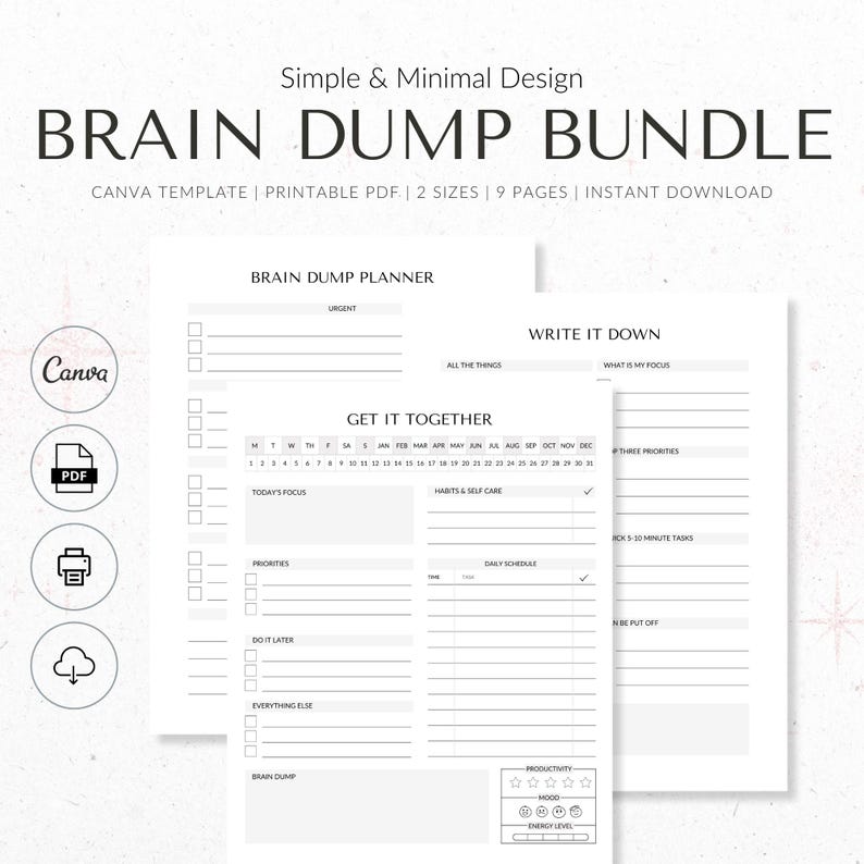 Printable Brain Dump Bundle, Editable Brain Dump Template, Minimalist ...