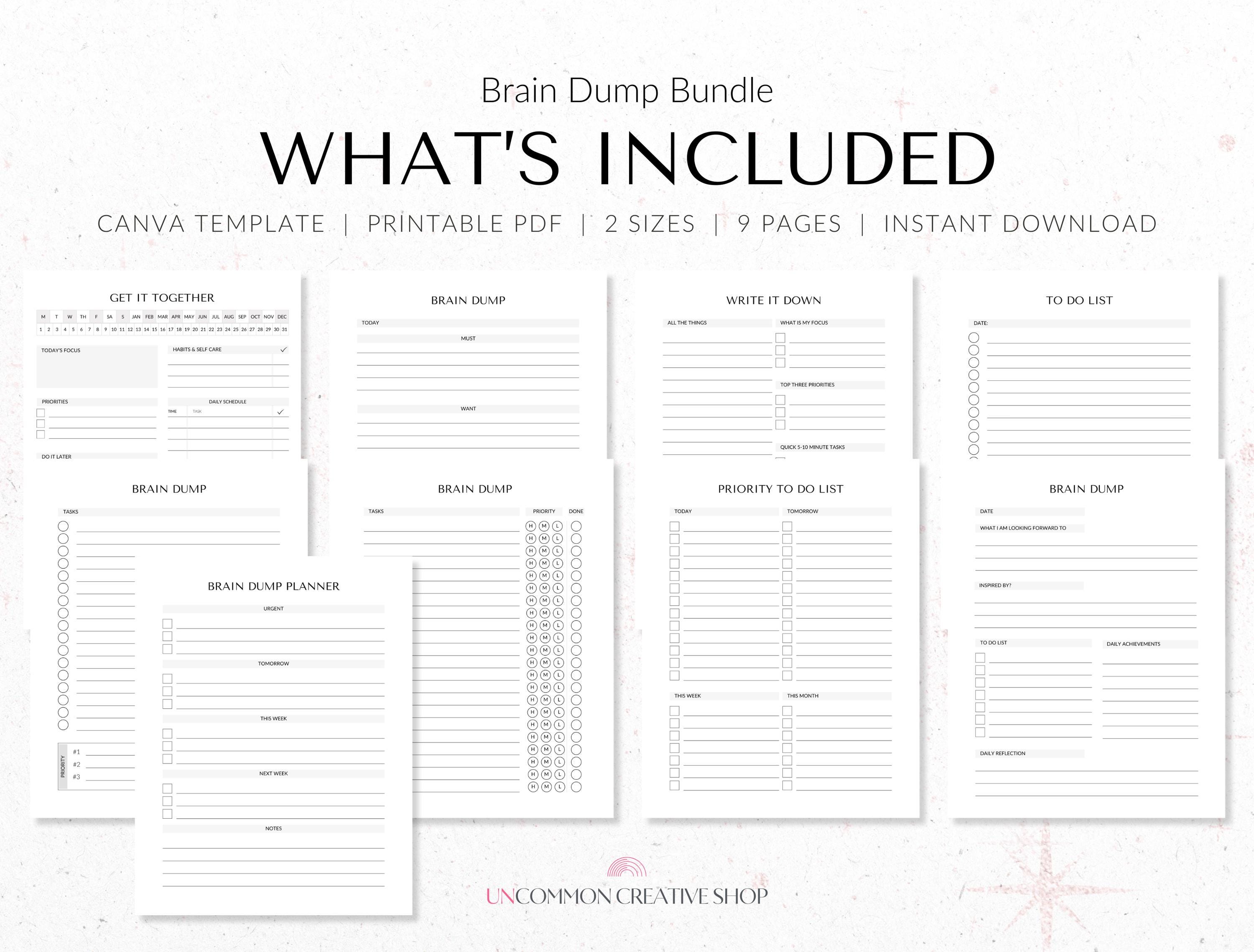 Printable Brain Dump Bundle, Editable Brain Dump Template, Minimalist ...