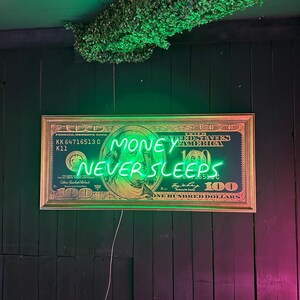 Dollar Art Painting Neon Sign Money Never Sleeps Neon Sign Wall Decor ...