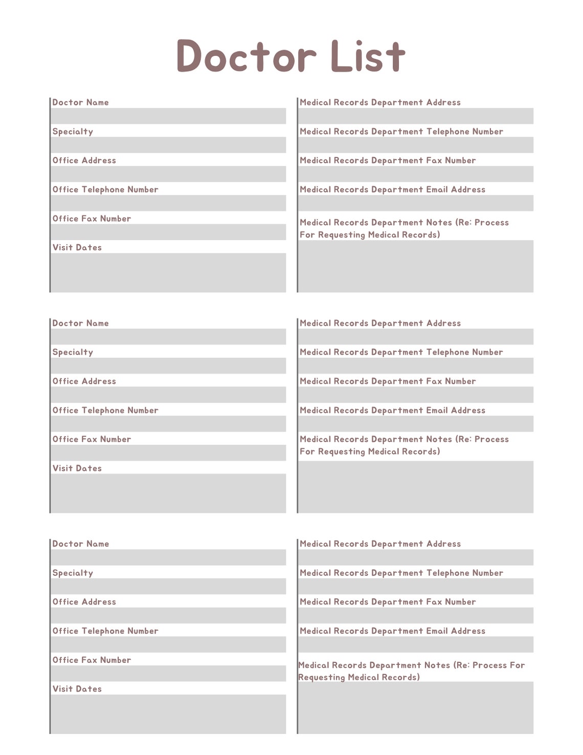 Doctor Printable Doctors Contact List Doctor Info Printable - Etsy