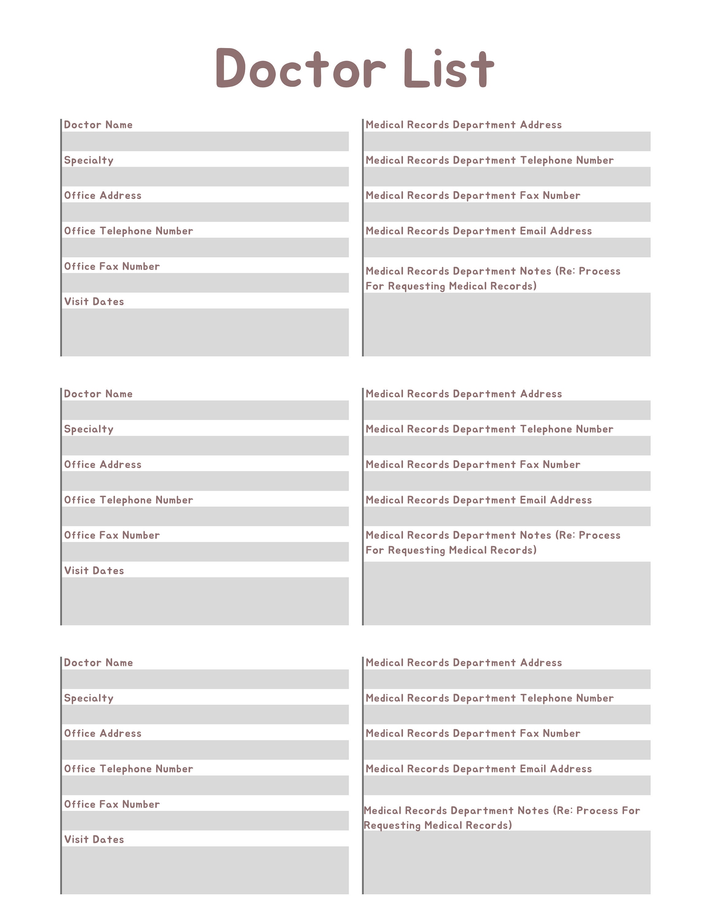 Doctor Printable Doctors Contact List Doctor Info Printable - Etsy