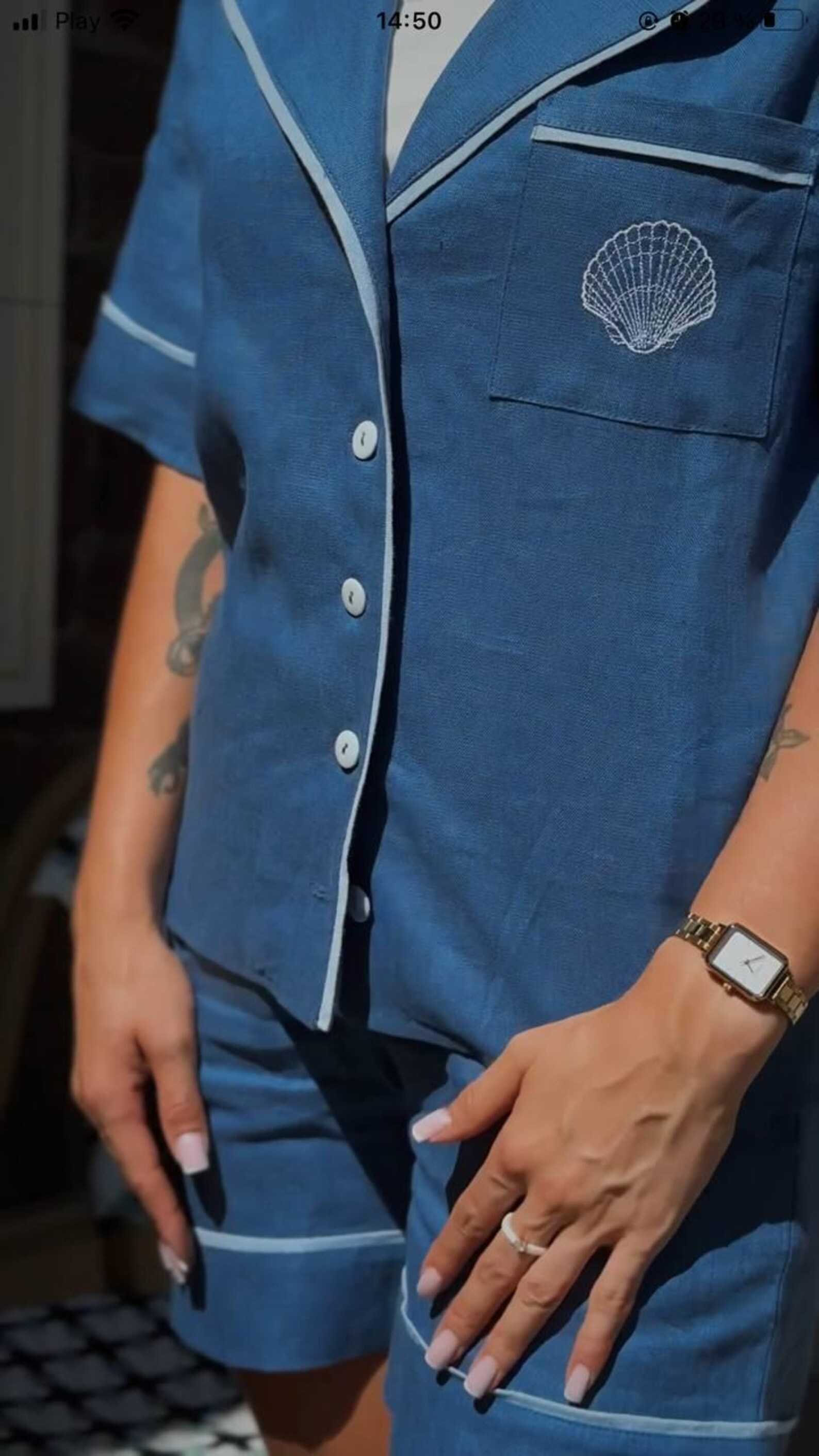 Embroidered Linen Shirt With Short Sleeves in Blue Jeans, Blue Linen ...