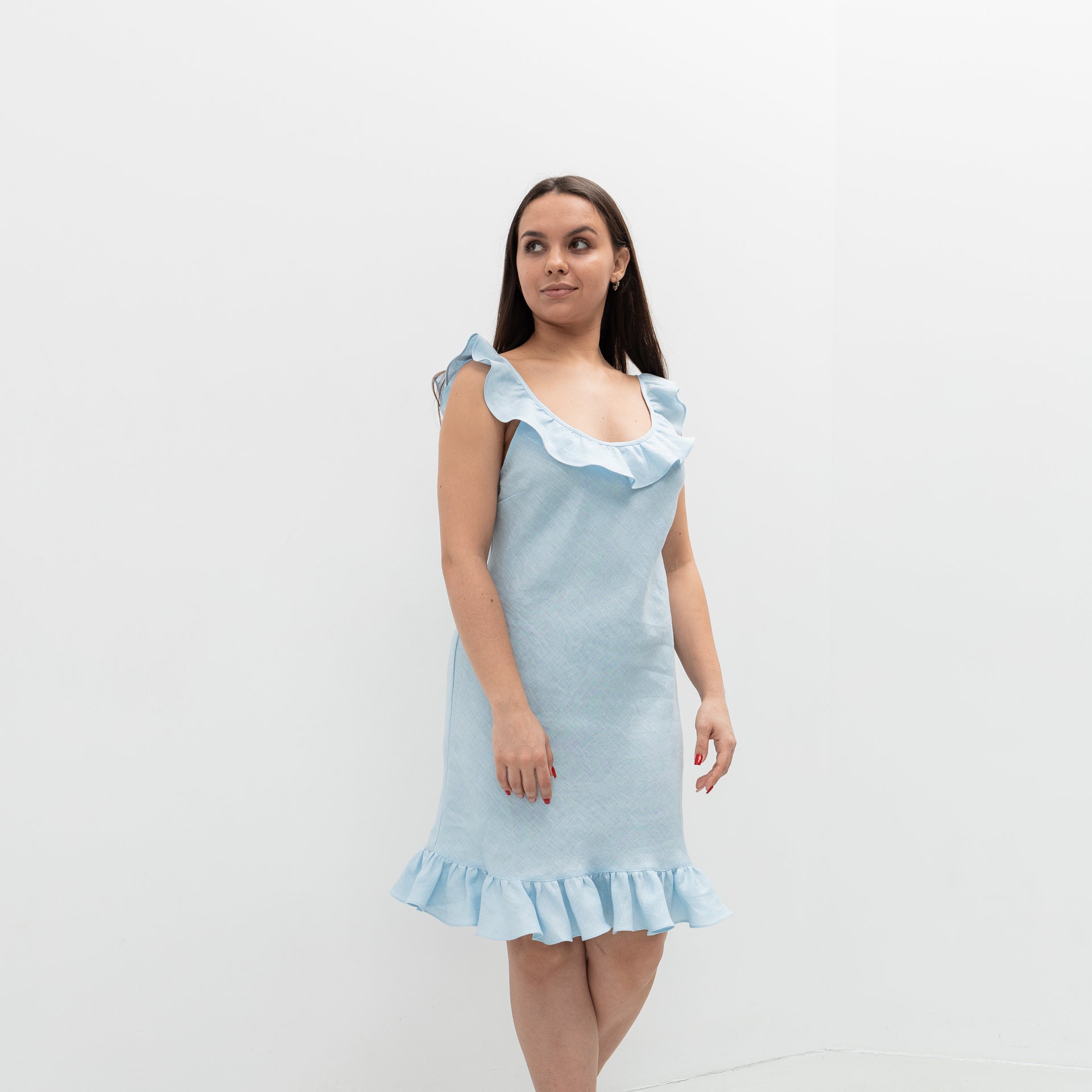 Linen Midi Dress With Ruffles Plus Sizes From XS to XXXL , Linen Beach ...