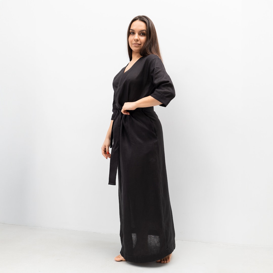 Long Linen Robe With 3/4 Sleeves – Elegant 100% Natural Linen Bathrobe ...