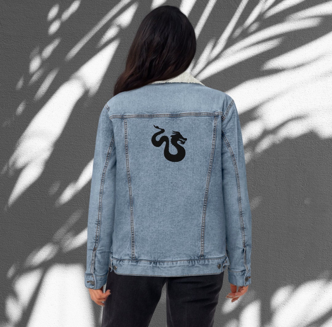 Dragon Unisex Denim Sherpa Jacket, Dragon Lover, Dragon Graphic, Black ...