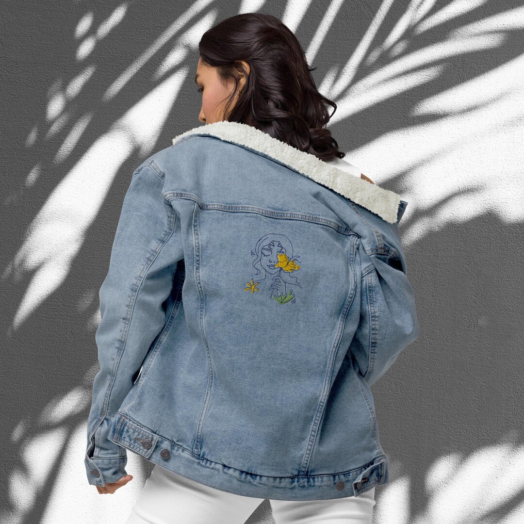 Woman Face Line Art Denim Sherpa Jacket, One Line Art Clothes Aesthetic ...