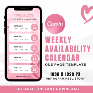 Weekly Availability Calendar Instagram Story, White Pink Available ...