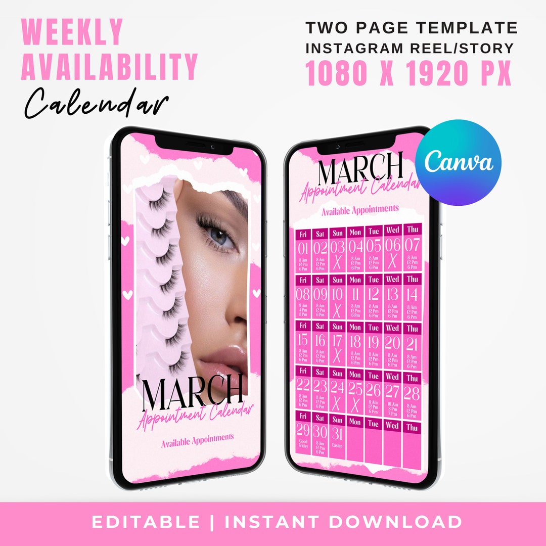 Weekly Availability Calendar Instagram Story, White Pink Available ...