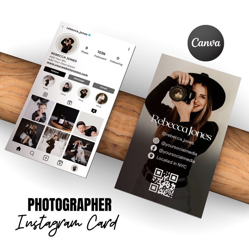 Photographer Instagram Business Card 2024, DIY Canva Business Card Photographer, QR Code ...