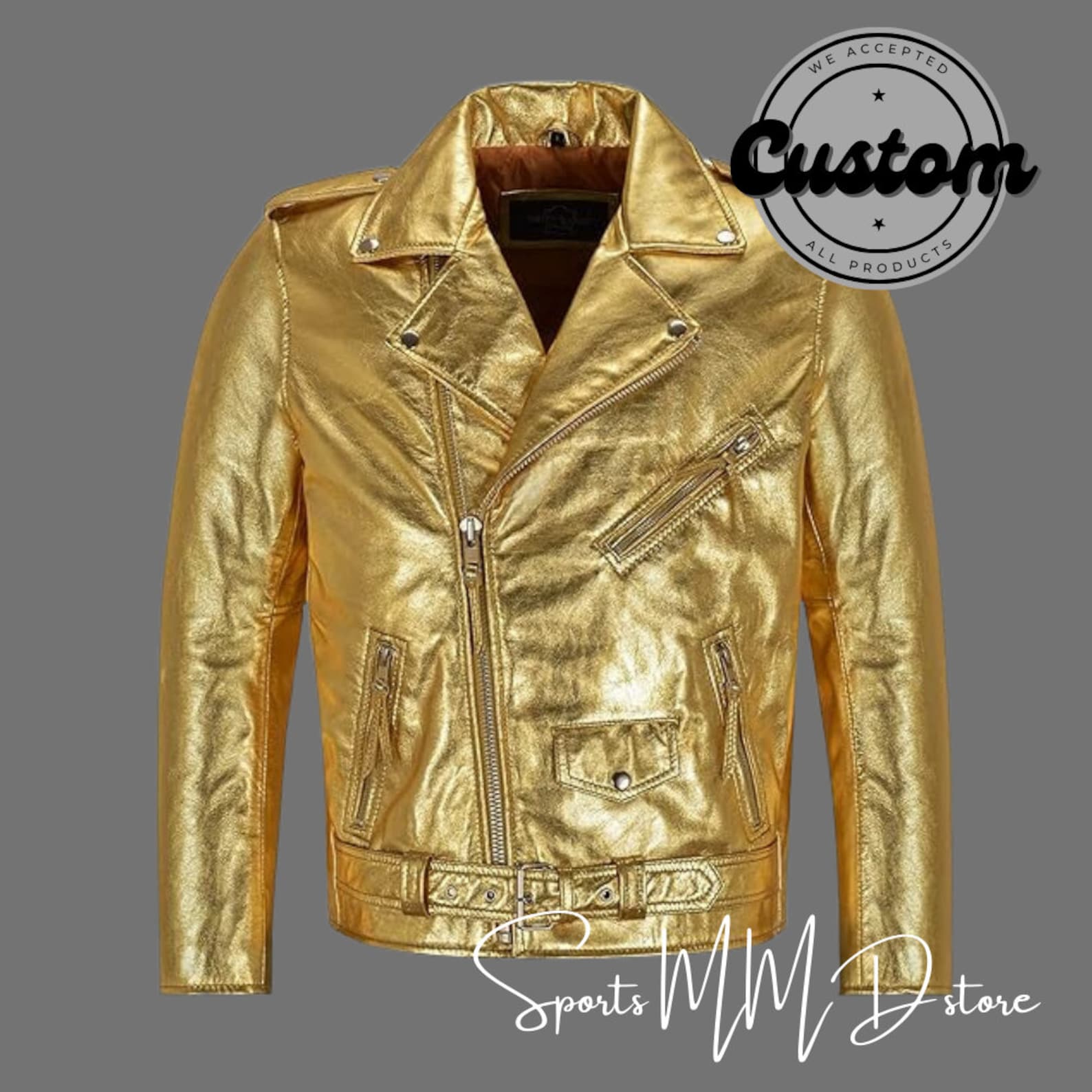 Men's Gold Metallic Foil Solid Casual Motorcycle Biker Leather Jacket ...