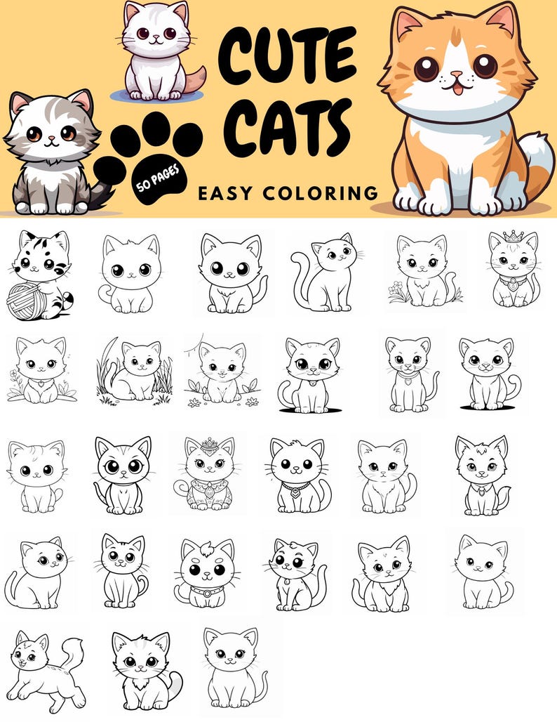 50 Printable Cute Cats Coloring Pages | Instant Download | Kids Cat ...