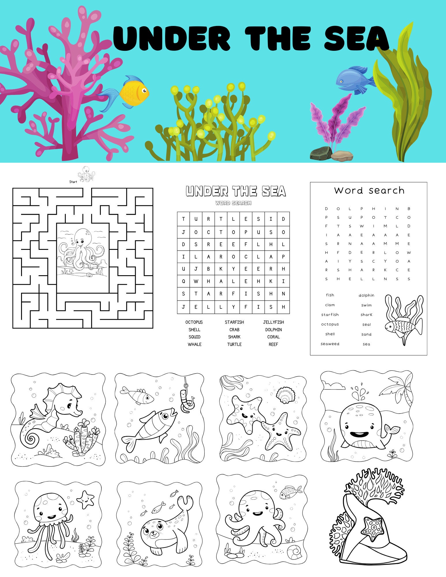 100 Printable Under the Sea Coloring Pages Instant Download Kids Ocean ...