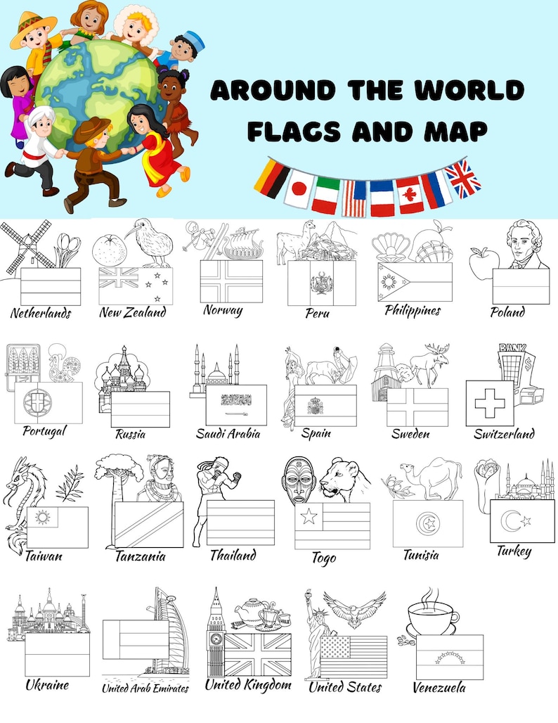 100 Printable Around the World Flags and Maps Coloring Pages | Instant ...