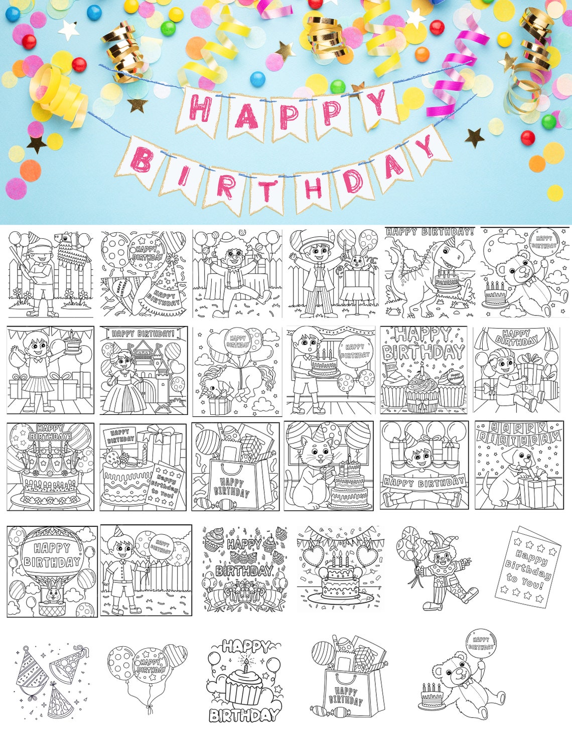 100 Printable Happy Birthday Coloring Pages | Instant Download| Kids ...