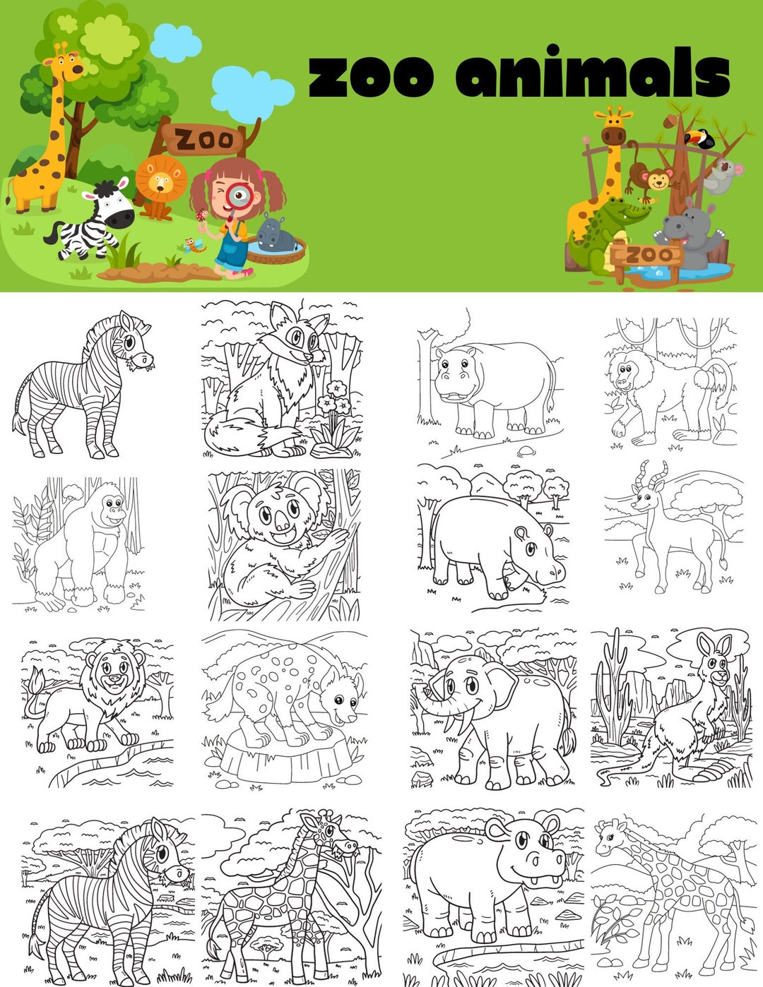 Buy 100 Printable Zoo Animal Coloring Pages Instant Download Kids Zoo ...