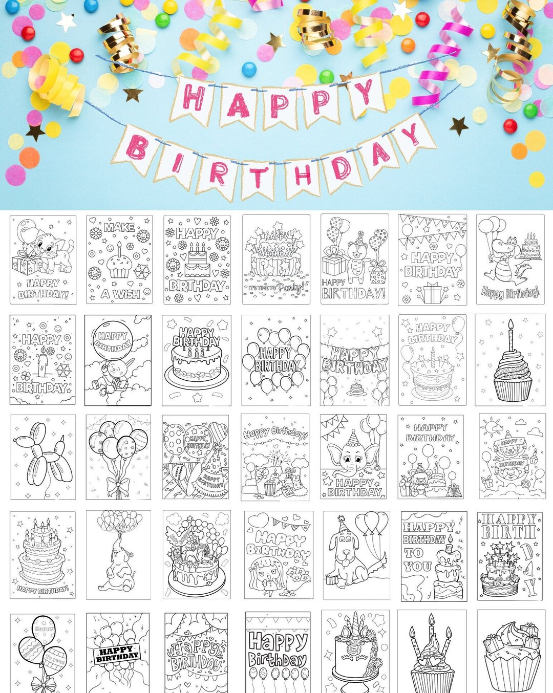 100 Printable Happy Birthday Coloring Pages | Instant Download| Kids ...